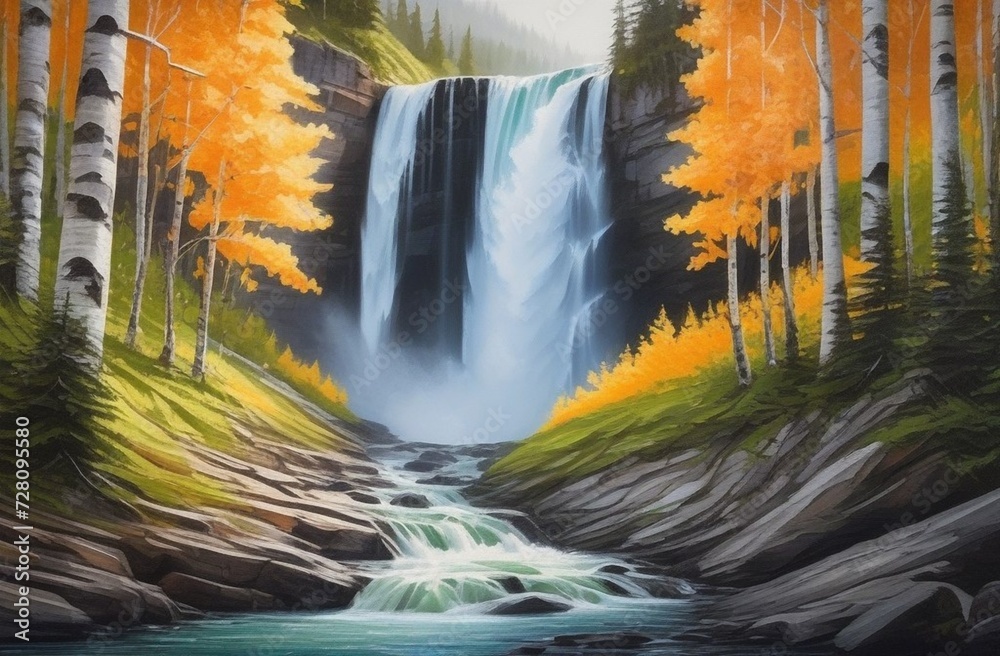 Drawing with gouache on birch bark a cascade of waterfalls in the ...