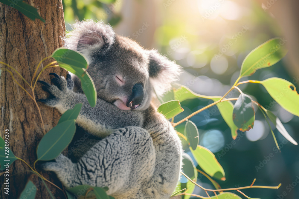 Sleepy koala in eucalyptus tree, a cute and relaxed scene showcasing a ...