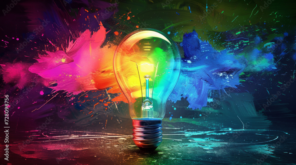Innovative Blast: Vibrant Paint Splatter from Bulb. Creative colored ...