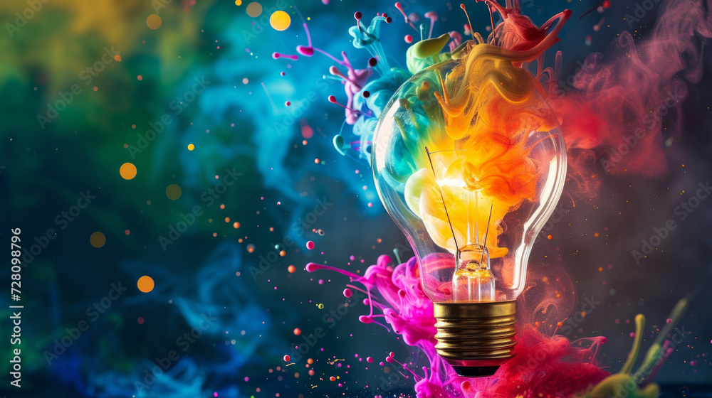 Innovative Blast: Vibrant Paint Splatter from Bulb. Creative colored ...