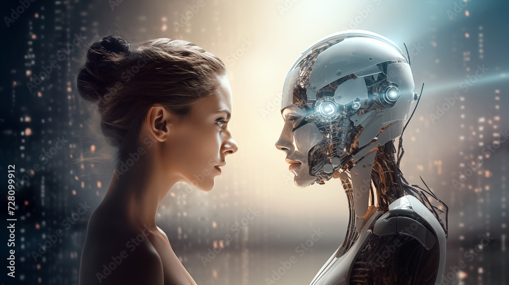 Cybergirl robotic humanoid and beautiful woman side-by-side eye-to-eye ...