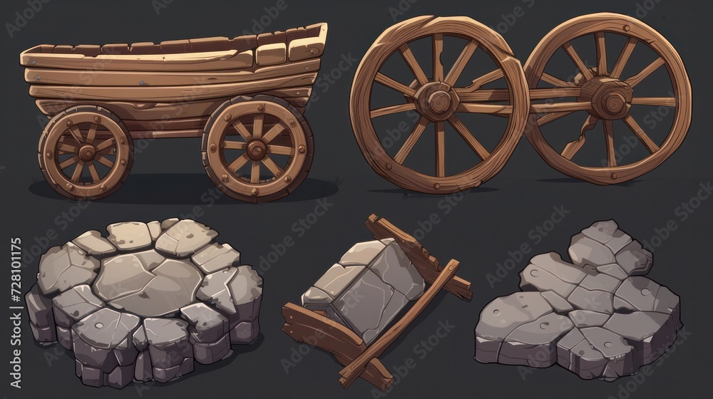 Ancient wheel. Wooden wheelbarrow, rusty wagon and old stone wheels ...