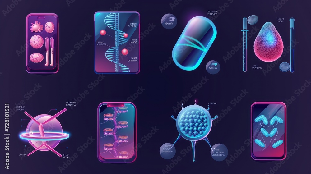 Bioengineering app icons set. Biotechnology. Diseases diagnosis and ...