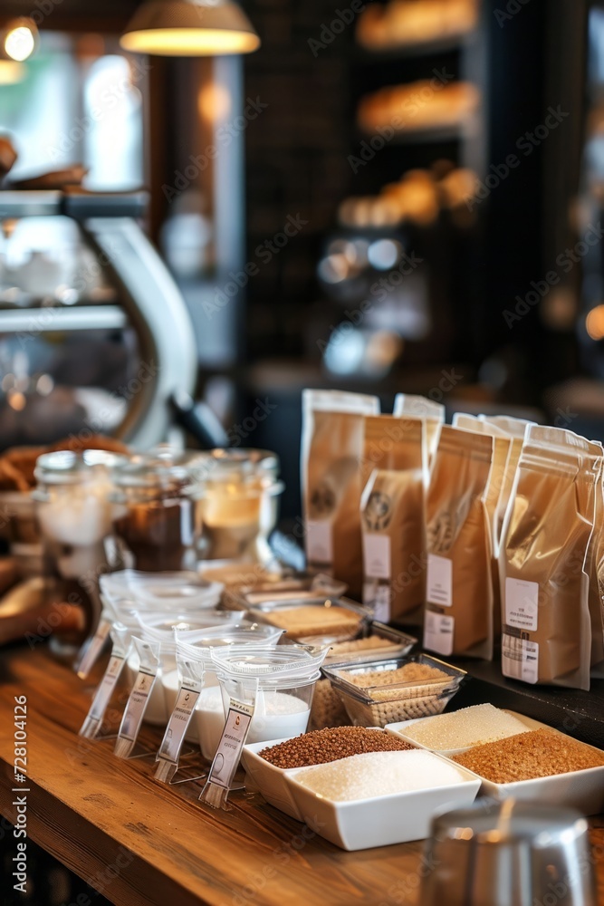 Coffee shop counter with different types of coffee and sugar. Coffee ...