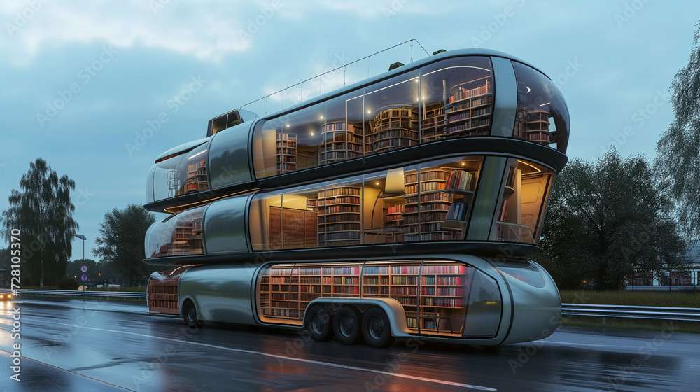 Concept-Image of a Large Mobile Bookstore or Library with Lounges for ...