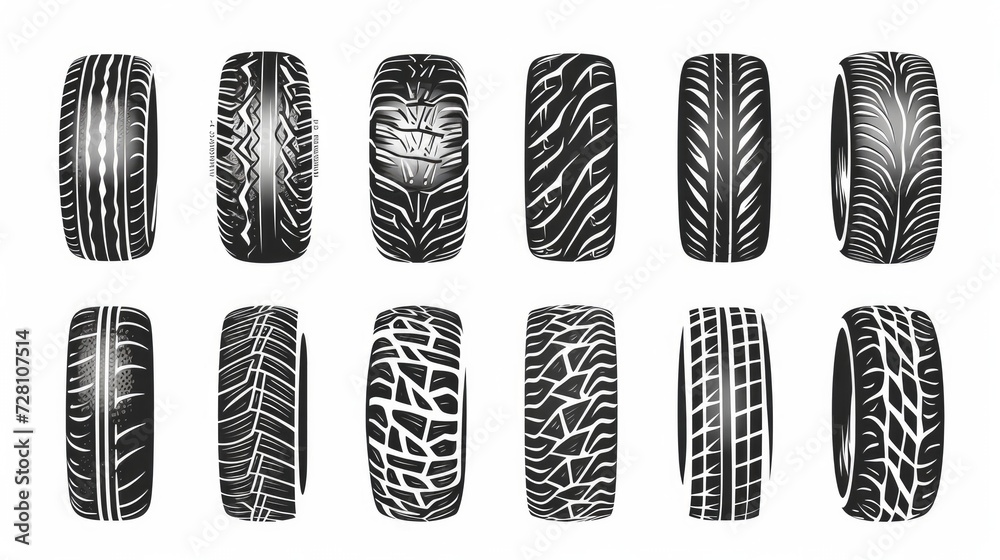 Tire mark. Car and motorcycle tire track vector set. Truck tread mark ...