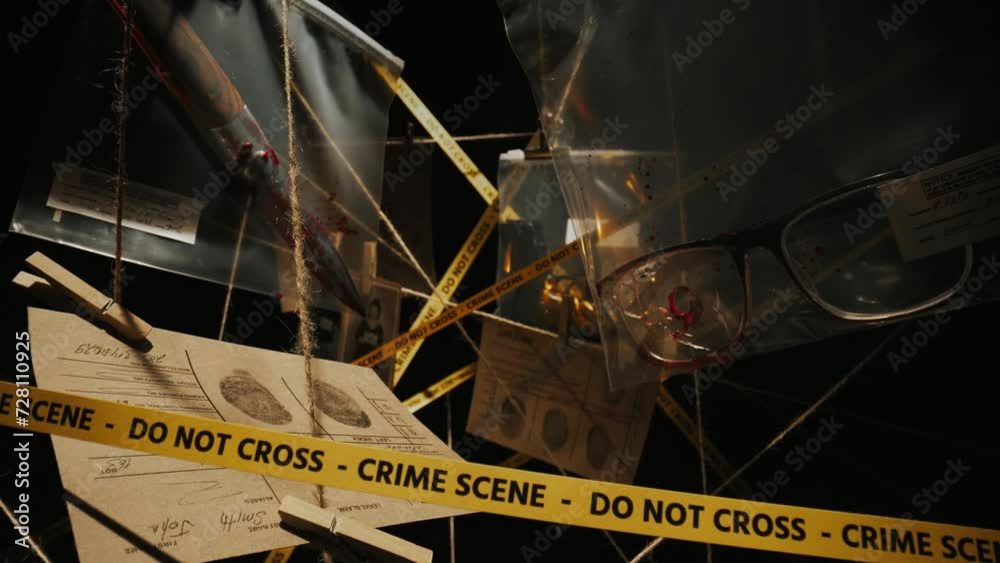 Crime scene investigation dolly camera flies through evidence collected ...