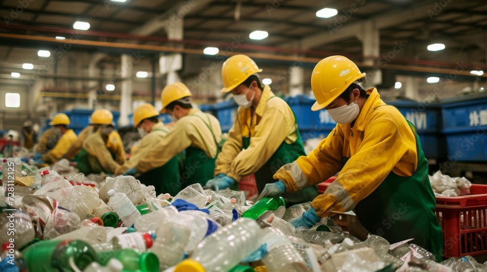 Amidst the bustling sorting facility, diligent workers clad in bright ... Amidst the bustling sorting facility, diligent workers clad in bright ...