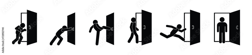 man icon, door entrance, exit, stick figure illustration people Stock ...