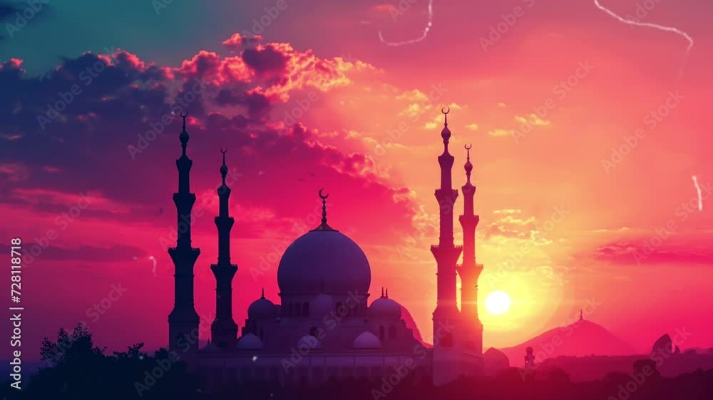 mosque silhouette against a vibrant sunset backdro, seamless looping ...