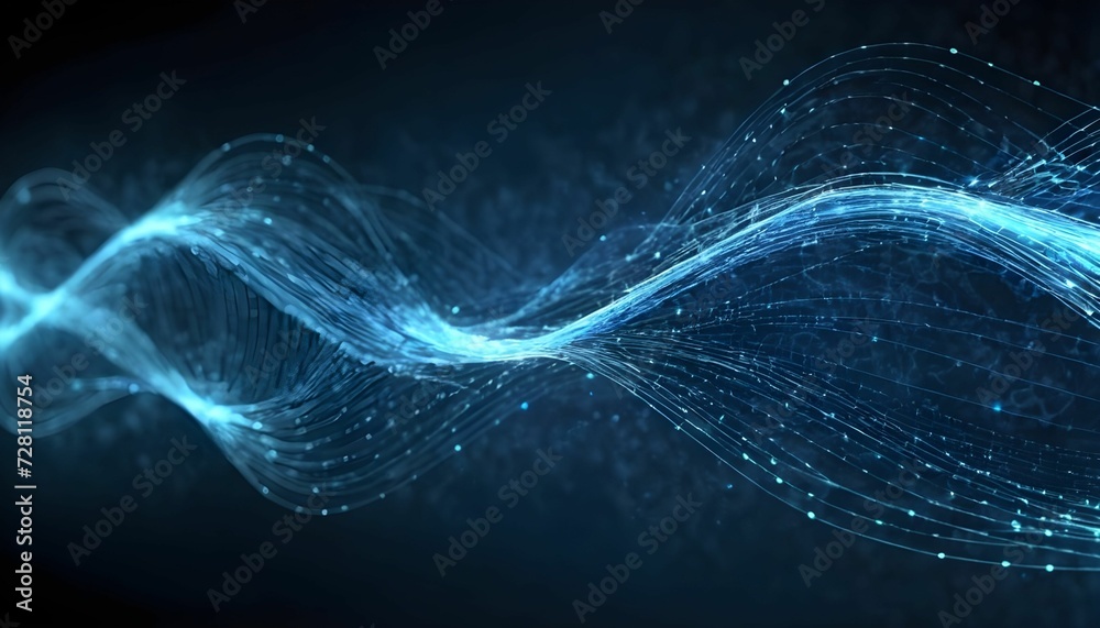Abstract blue tech background with digital waves, dynamic network system, artificial neural ...