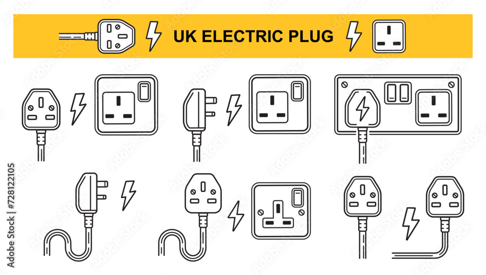 UK electric plug socket, British electrical power outlet line icon set ...