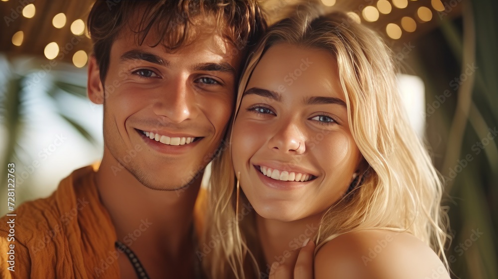 European blond woman face home portrait close up. Cool hippie girl wear ...