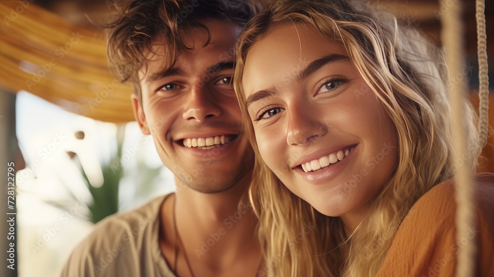 European blond woman face home portrait close up. Cool hippie girl wear ...