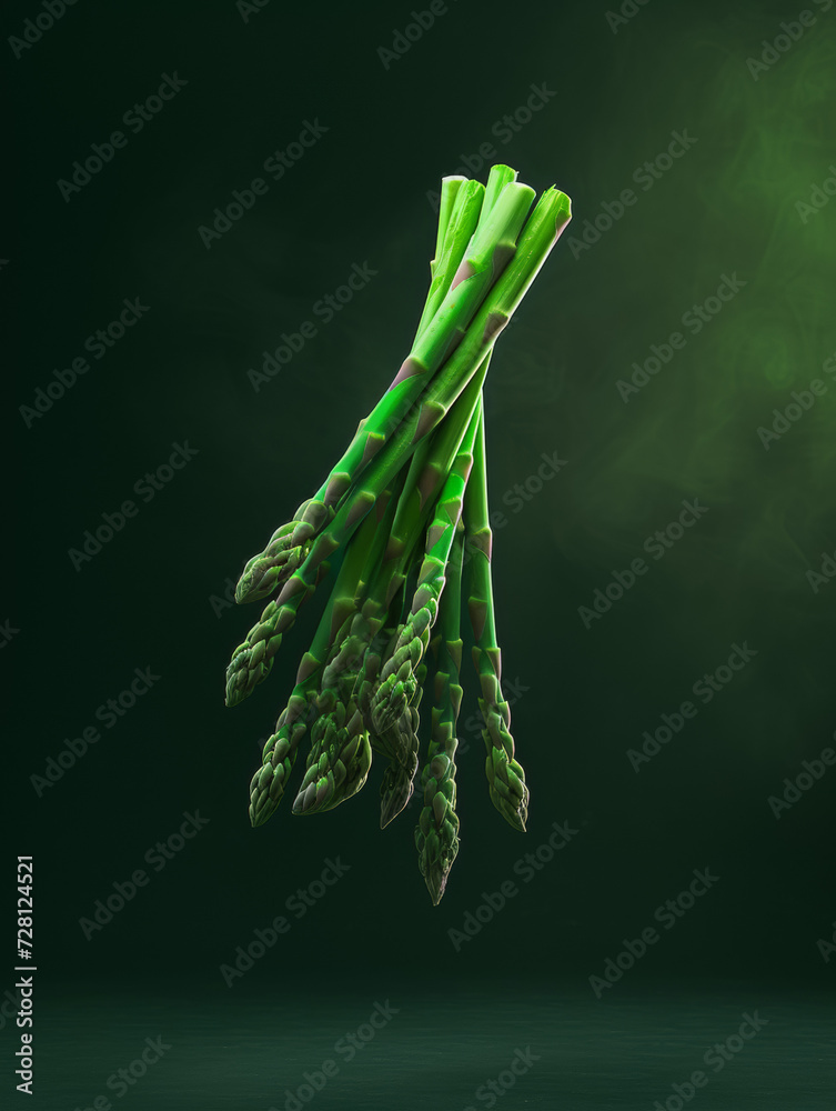 Asparagus floating in mid-air against a vertical deep green gradient ...