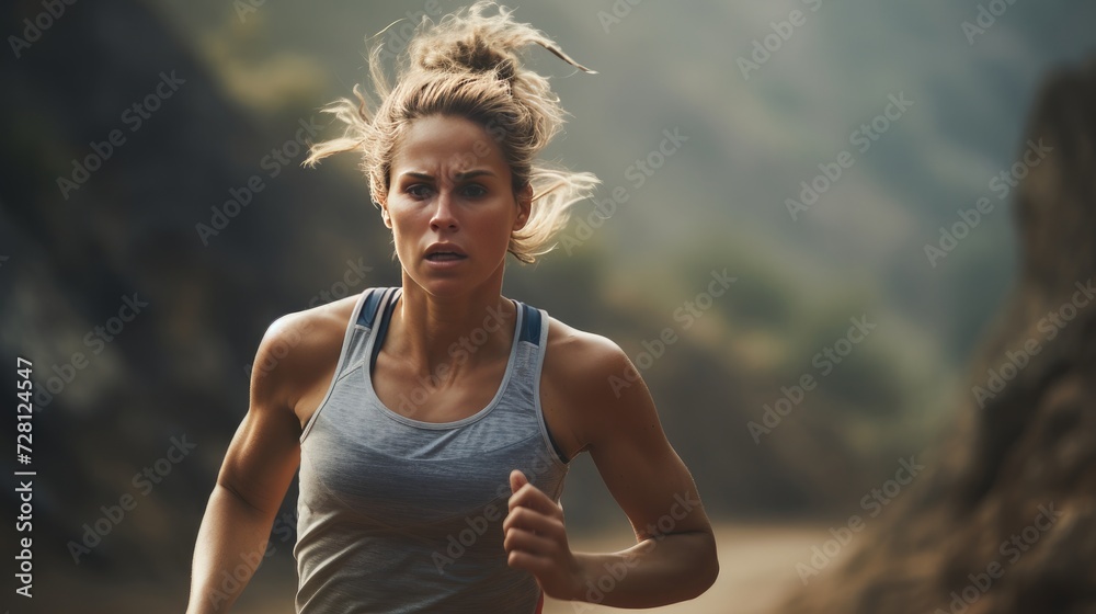young exhausted sport woman running outdoors on dirty road in mountain ...