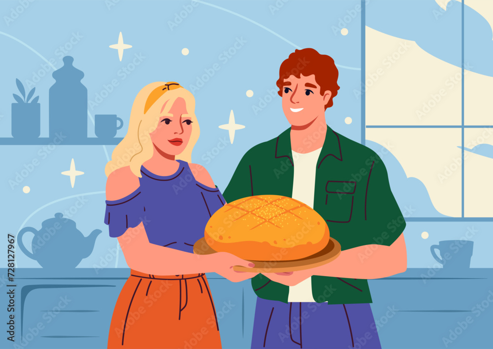 Couple baking bread. Man and woman with dough. Homemade pastry and ...