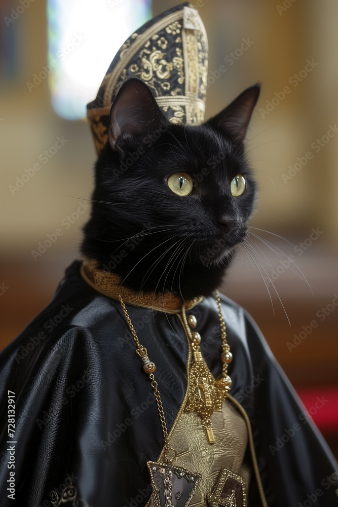 Black cat dressed up as the Pope. Church background. Surialistic view ...
