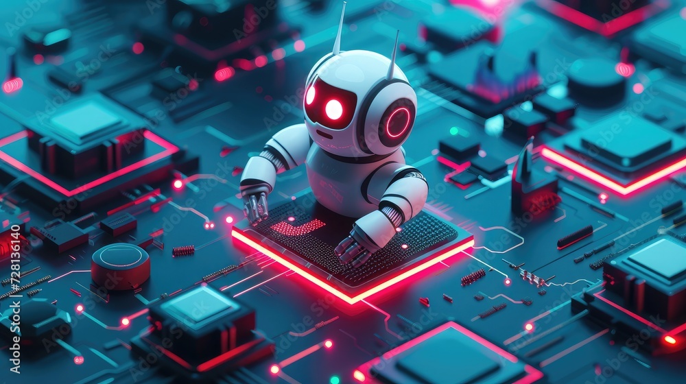 Isometric robotic on processor chip. 3D Robot chatbot, AI in science and business. Futuristic ...