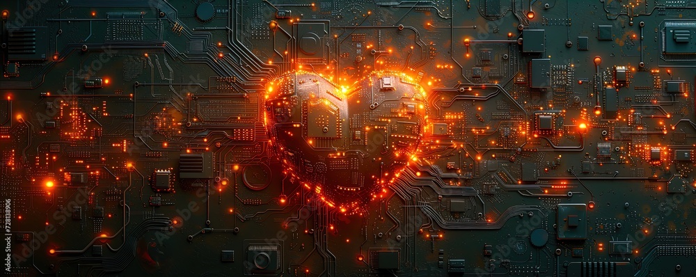 computer heart made with electrical circuit symbols with gold ...
