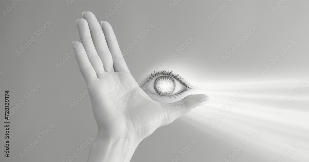 An ethereal hand with a radiant eye at its center symbolizing the ...