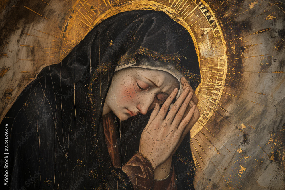 Virgin Mary mourning in grief, praying and seeking solace from God for ...