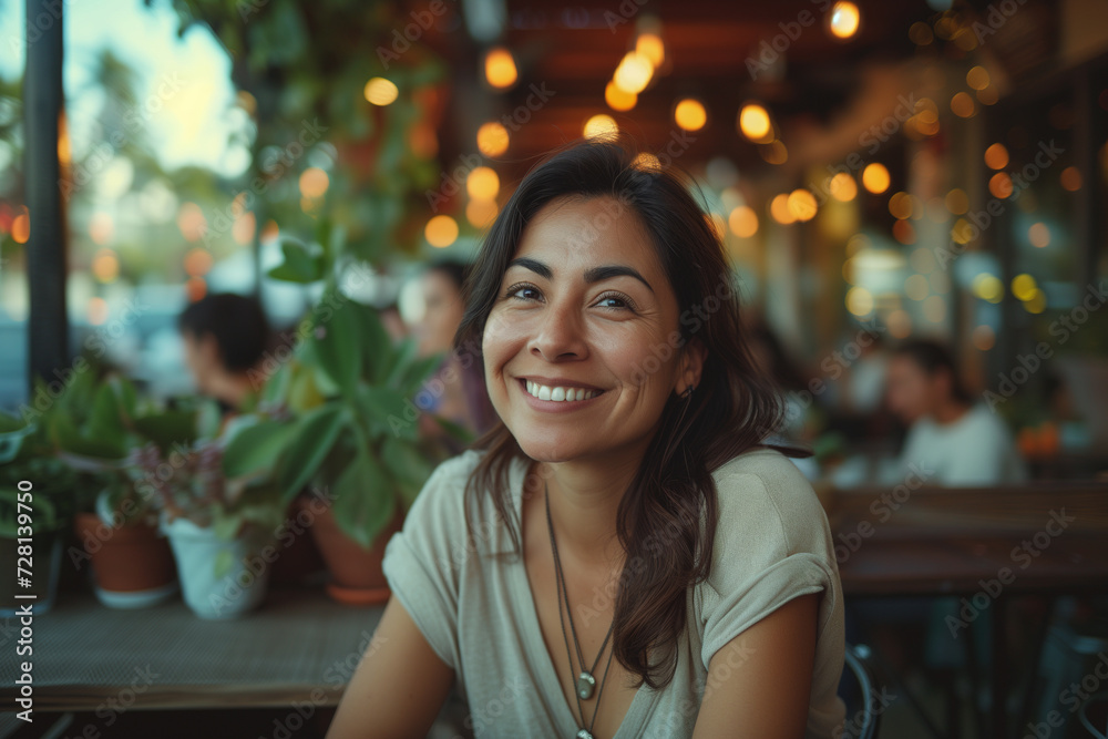 hispanic woman in a restaurant bar smiling latina happy joyful blouse necklace, white teeth ...
