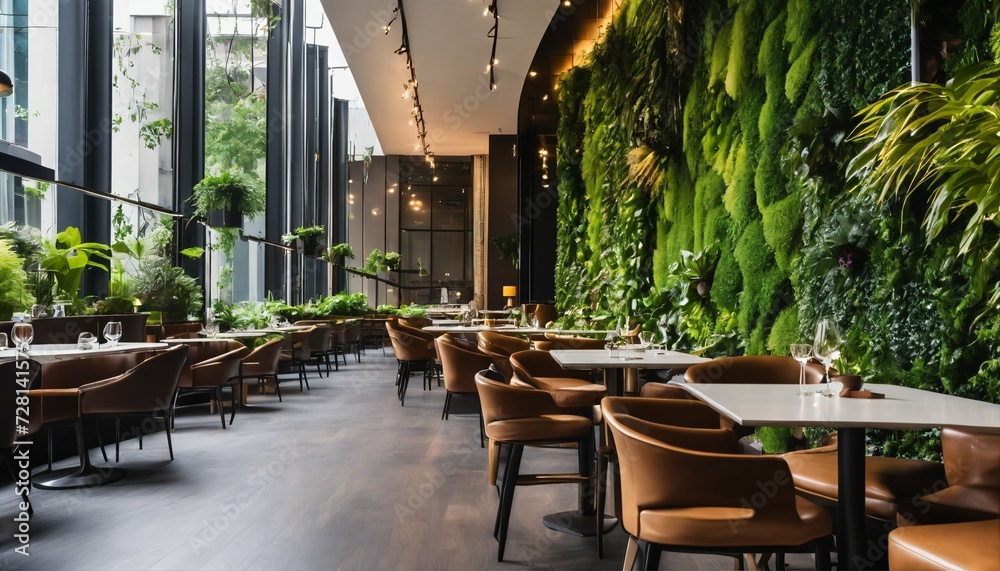 Biophilic design in modern cafe, featuring a living green wall and ...