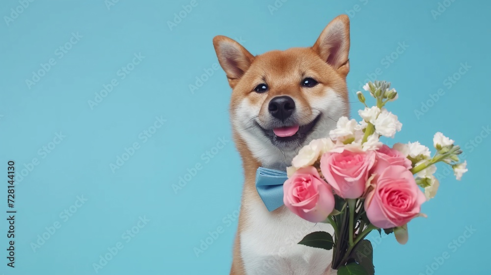 Cute happy shiba puppy and pink rose flowers. Closeup, indoors. Studio ...