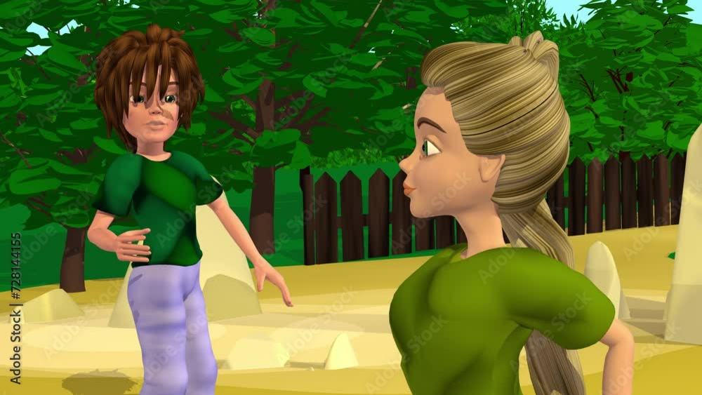 3d animation, two cartoons characters on the path of the forest. one ...