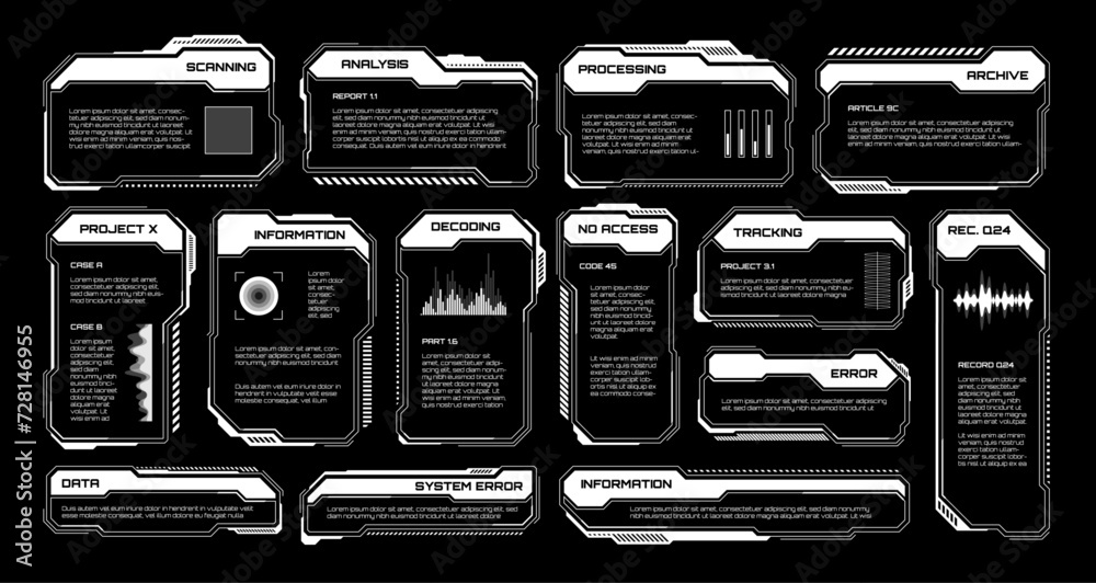 White futuristic HUD, UI elements. Sci-fi user interface text boxes ...