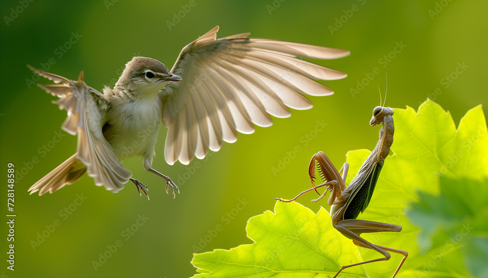 A bird is captured mid-flight with outstretched wings, facing off ...