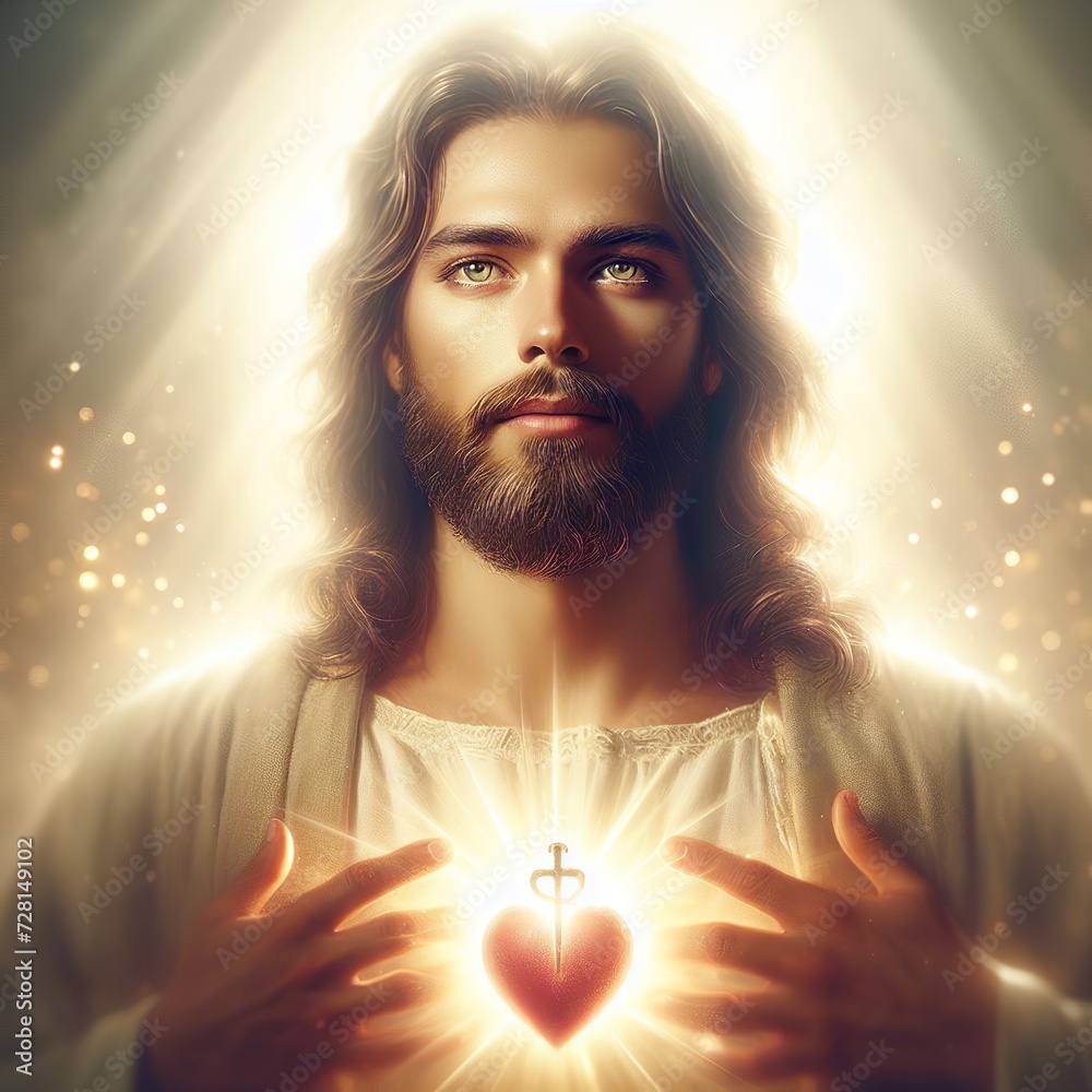 Jesus Christ with a glowing heart in his hands, conceptual image of ...