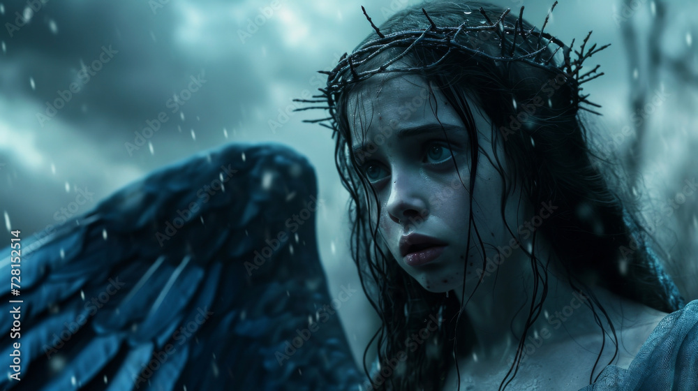 Against a backdrop of stormy clouds a forlorn angel with midnight blue ...