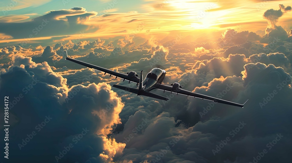 A commercial airplane is captured in flight amidst a dramatic sky at ...