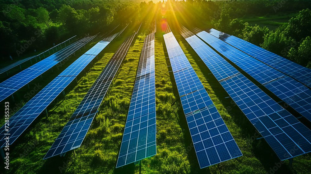 Ariel view of solar panels in sunny fields with sunlight background ...