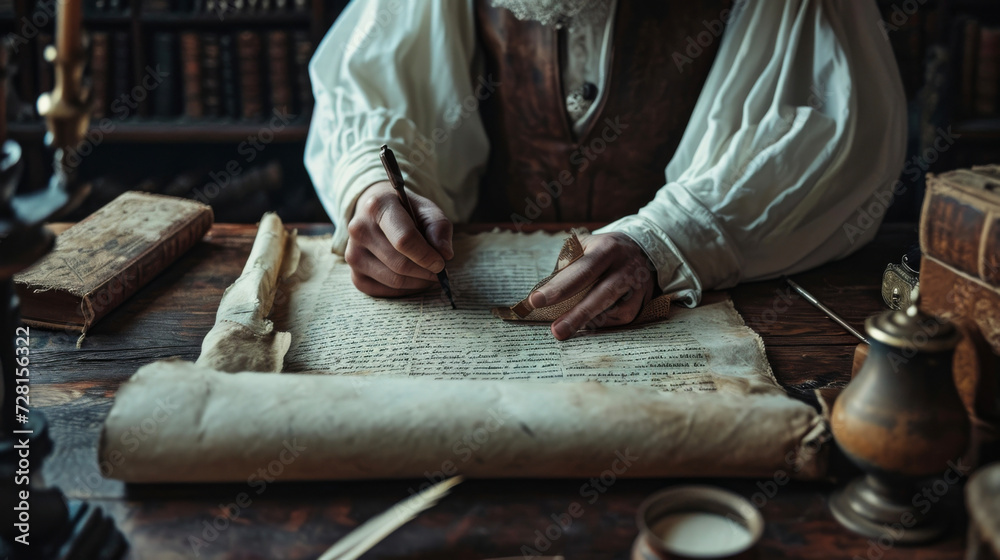 An angelic scribe carefully copying spells and incantations from an ...
