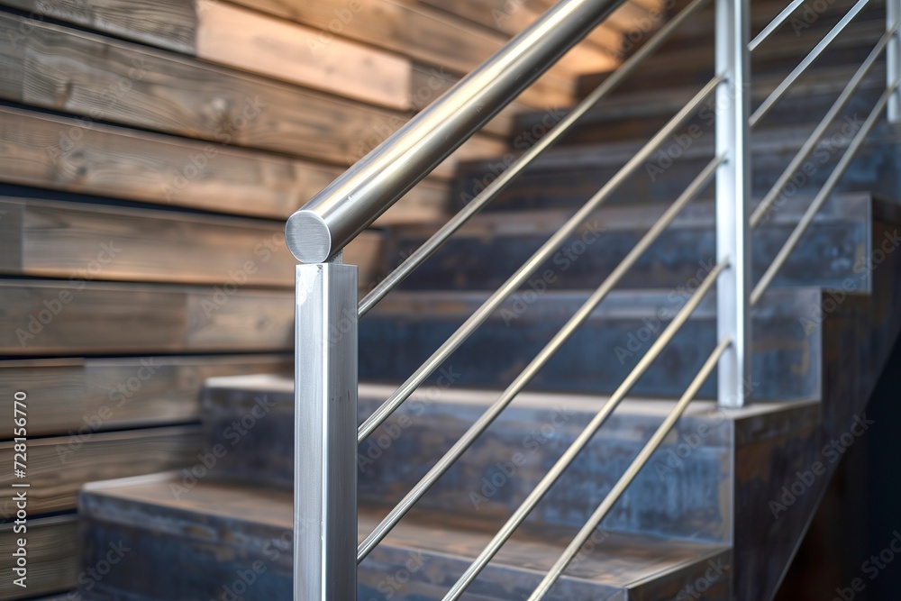 Close-up of an elegant steel stair railing with a polished texture and ...