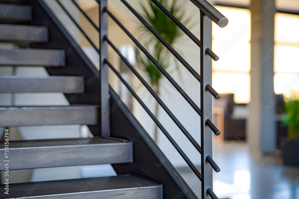 Close-up of an elegant steel stair railing with a polished texture and ...