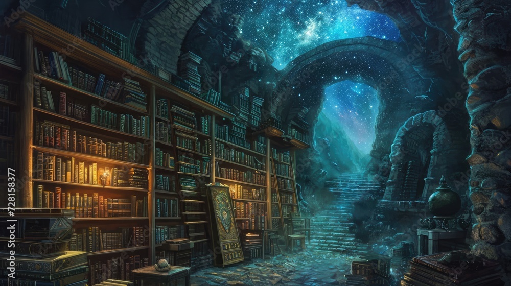 An ancient library filled with magical books, glowing orbs, and ...