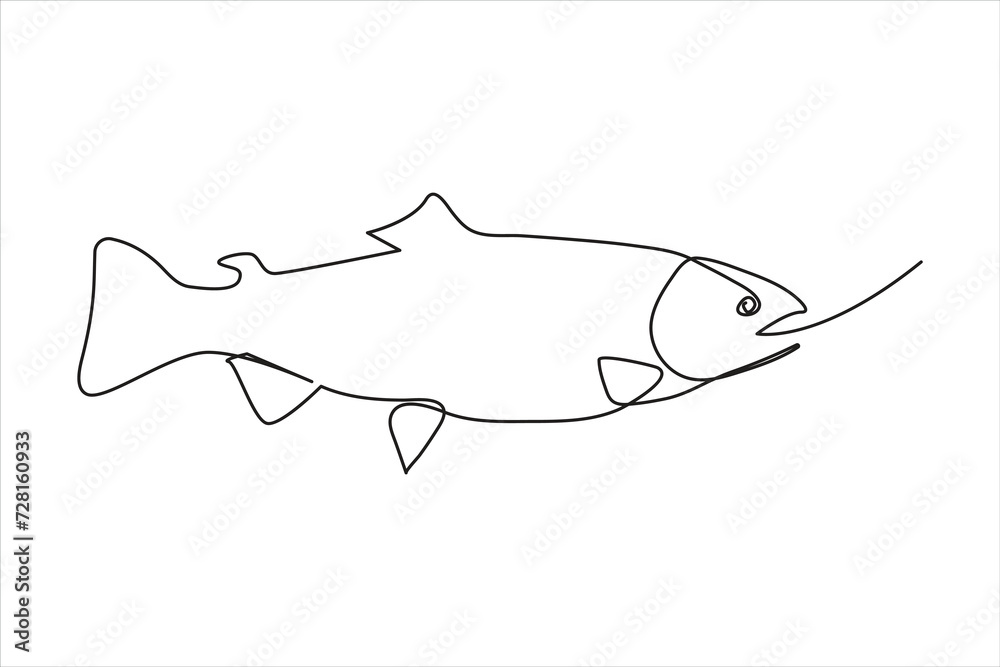 Salmon fish in One continuous line drawing. Fresh seafood in linear ...