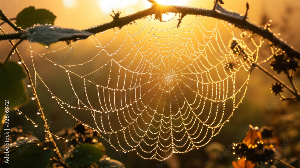 The glistening dew drops on a spiders web resemble a delicate string of ...