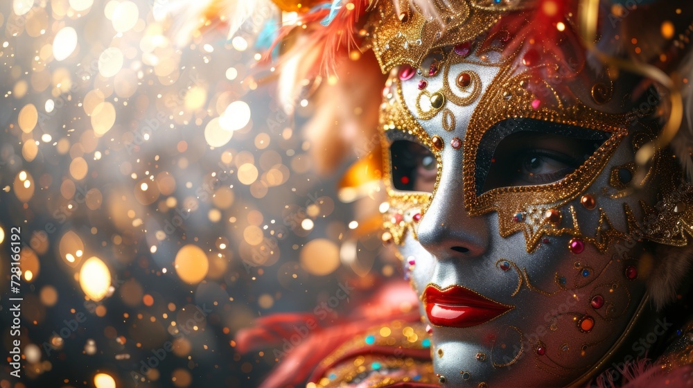 A colorful masquerade mask in bright colours on a blurred festive ...