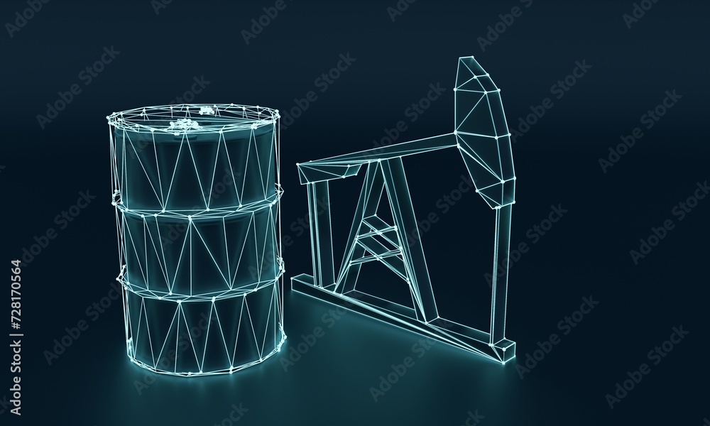 Oil drilling machine and barrel low poly wire frame. Petroleum fuel ...