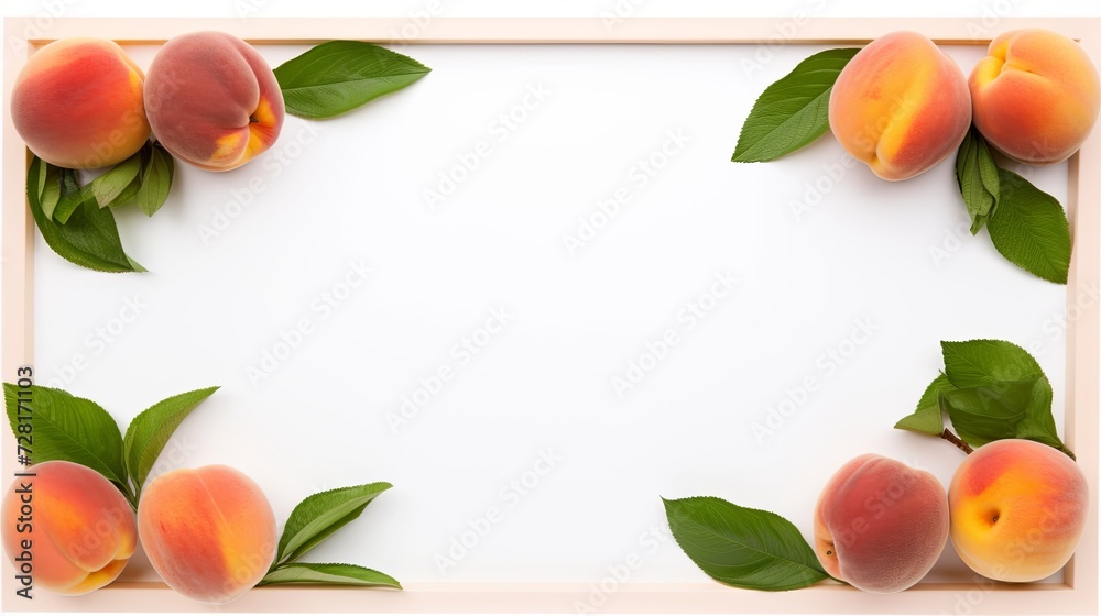 Frame composition peaches fruit on white border background ...