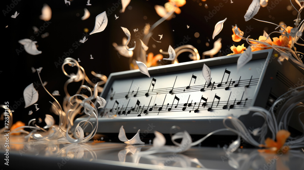 musical background. Music notes, charts, and feathers. 4K widescreen ...