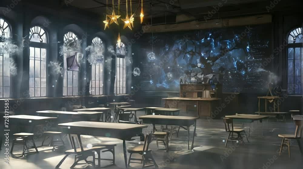 A wizard classroom with a magical and quiet atmosphere. Scenes of magic ...
