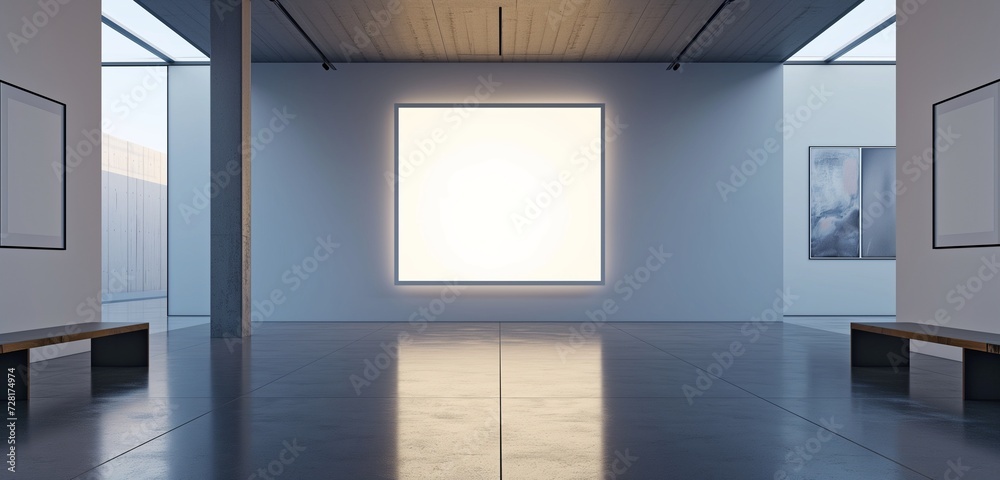 A contemporary art gallery with a single, large empty frame, strikingly ...
