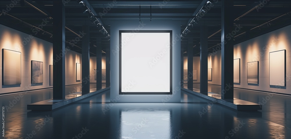 A modern, open-space art gallery with a large, solitary empty frame ...