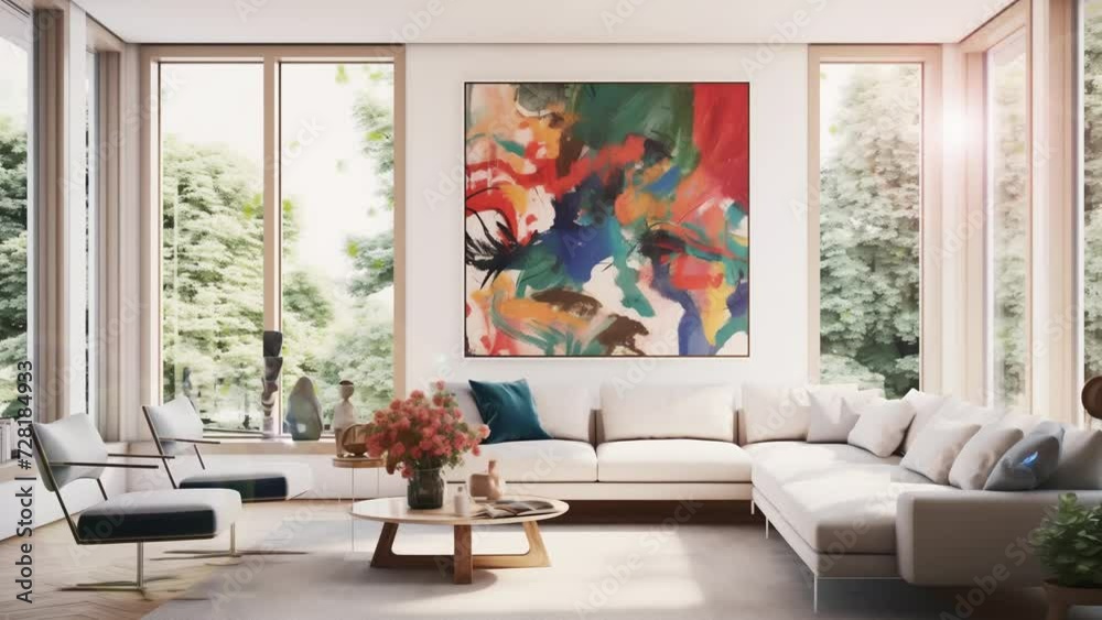 Bright living room interior with large window and white sofa. modern ...